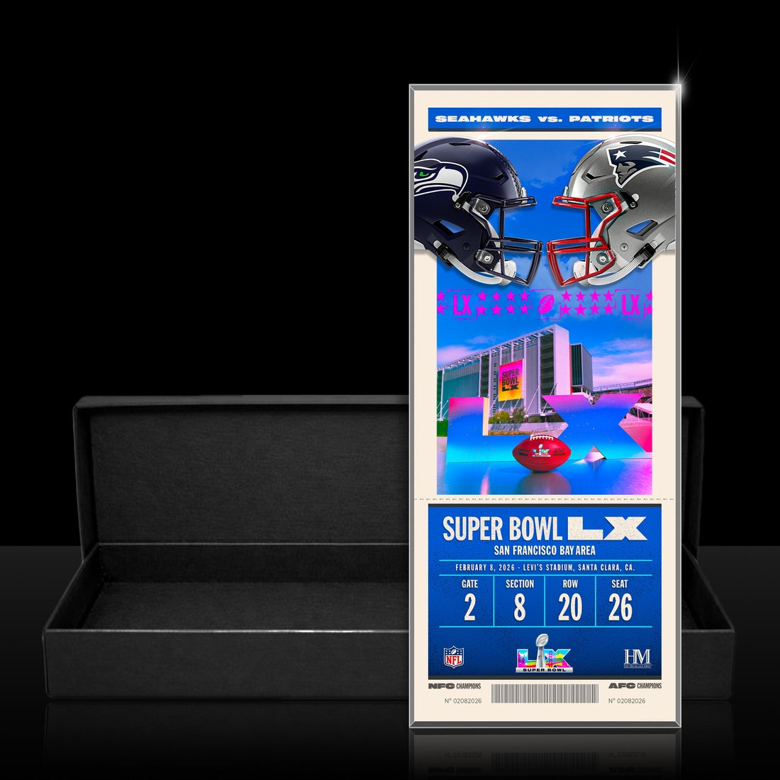 New England Patriots vs. Seattle Seahawks Super Bowl LX Ticket Acrylic