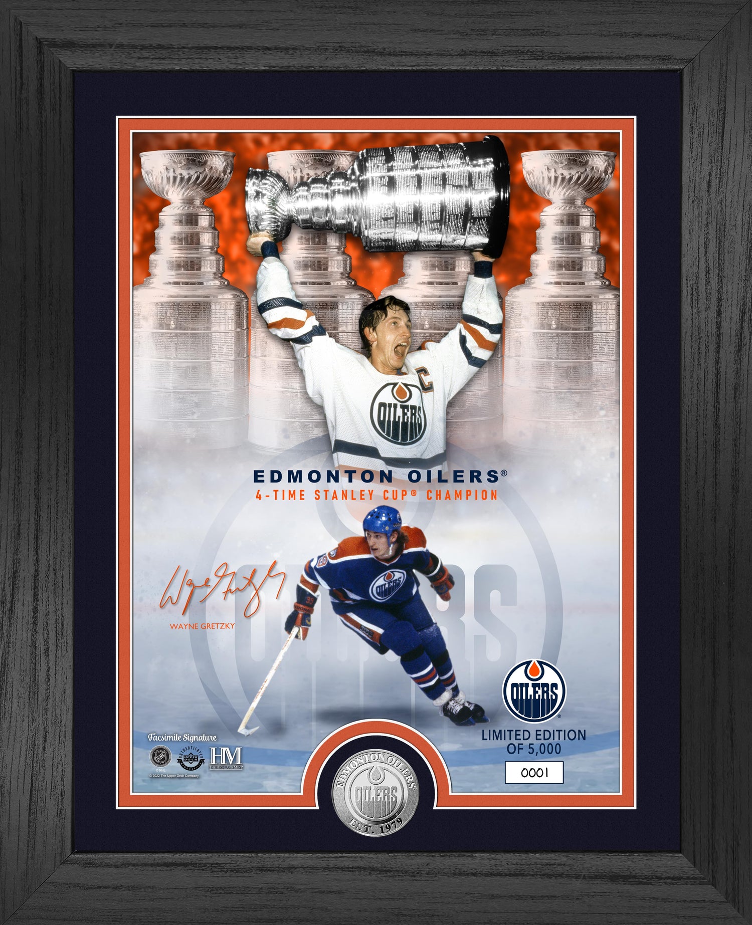 Wayne Gretzky Edmonton Oilers 4x Stanley Cup Champion Silver Coin Phot